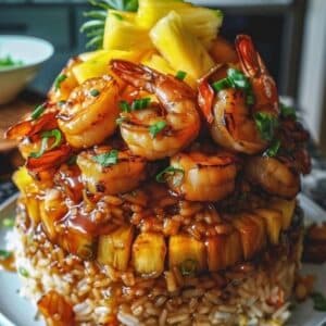 Teriyaki Shrimp and Pineapple Rice Stack | Delectable Meal